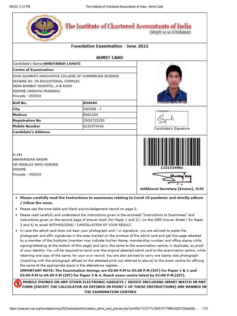Admit Card Ca Foundation | PDF