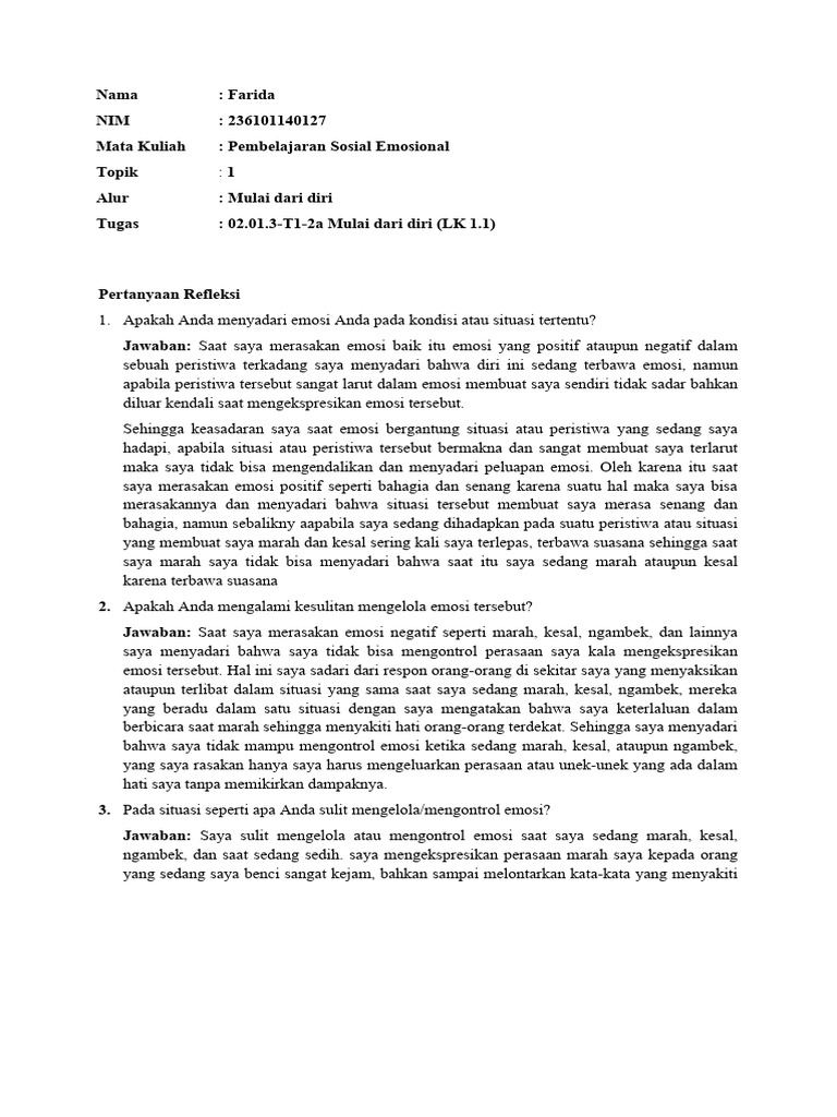 Farida - 02.01.3-T1-2a Mulai Dari Diri (LK 1.1) | PDF | Karier & Perkembangan | Pengembangan Diri