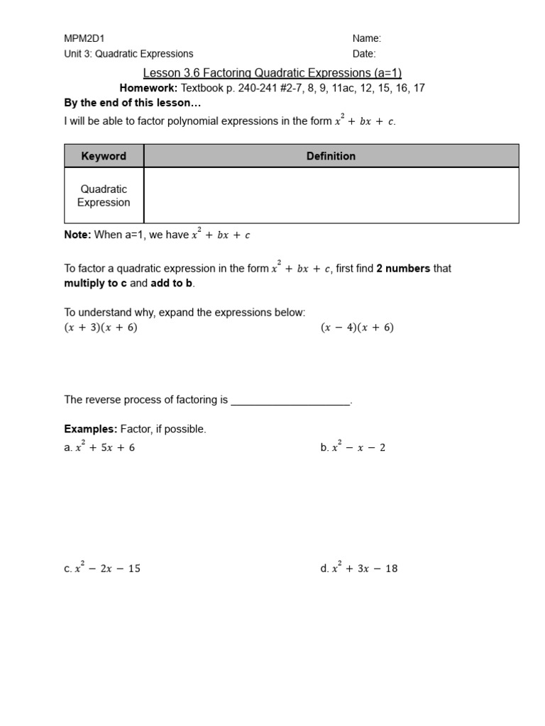 Lesson 3.6 Factoring Quadratic Expressions A 1 | PDF | Teaching Methods ...