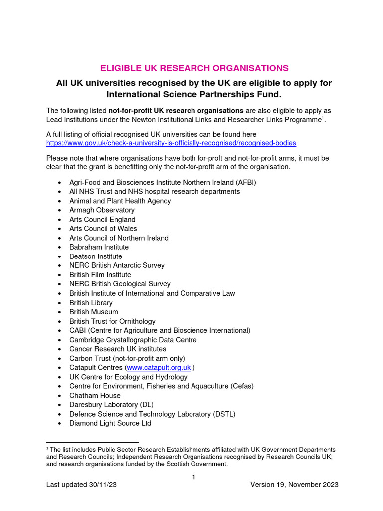 Eligible UK Research Organisations List | PDF | United Kingdom | Science