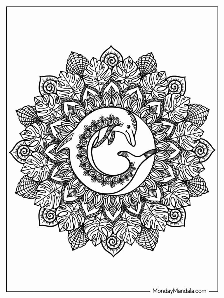 Dolphin Inside Leaves Mandala Coloring Sheet | PDF