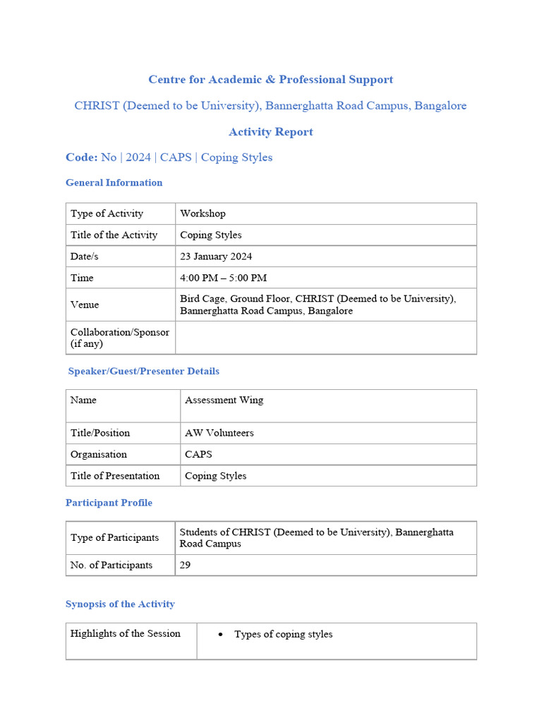 CAPS - Activity Report - Coping Styles | Download Free PDF | Psychology ...
