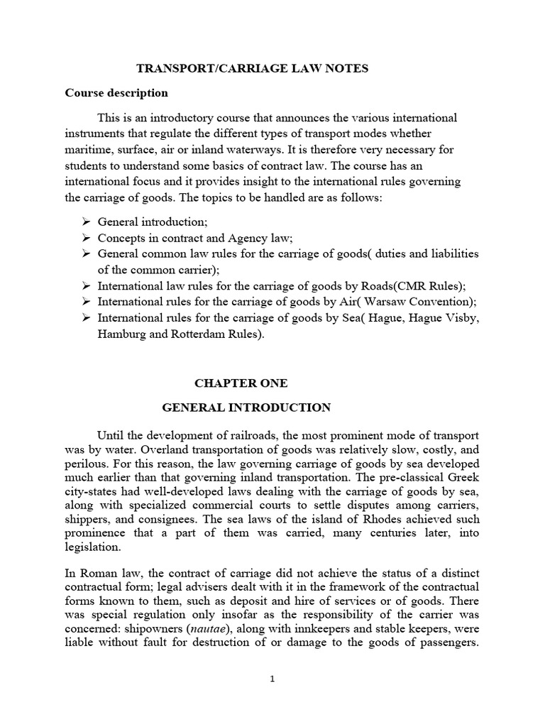 Transport Law Notes | PDF | Law Of Agency | Common Carrier