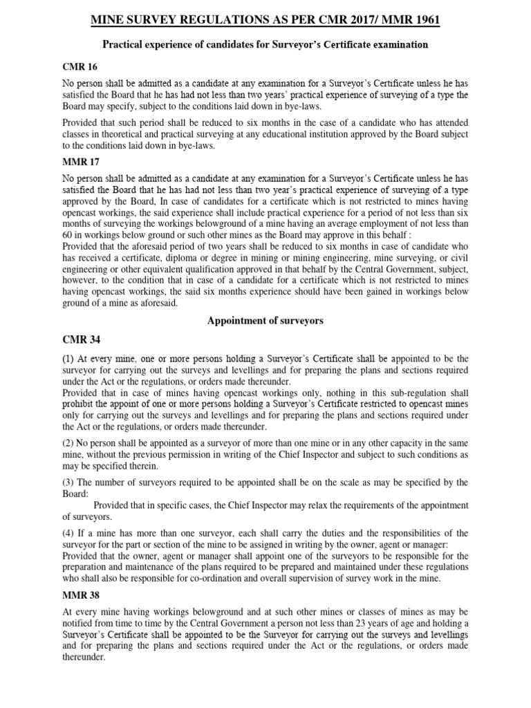 Mine Survey Regulations | PDF | Surveying | Mining