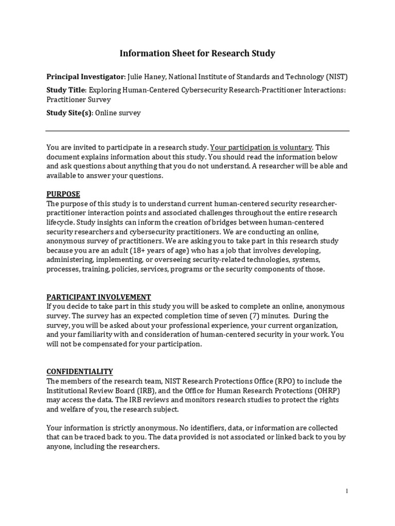 Practitioner Survey Information Sheet 1 | PDF | Institutional Review Board | Computer Security