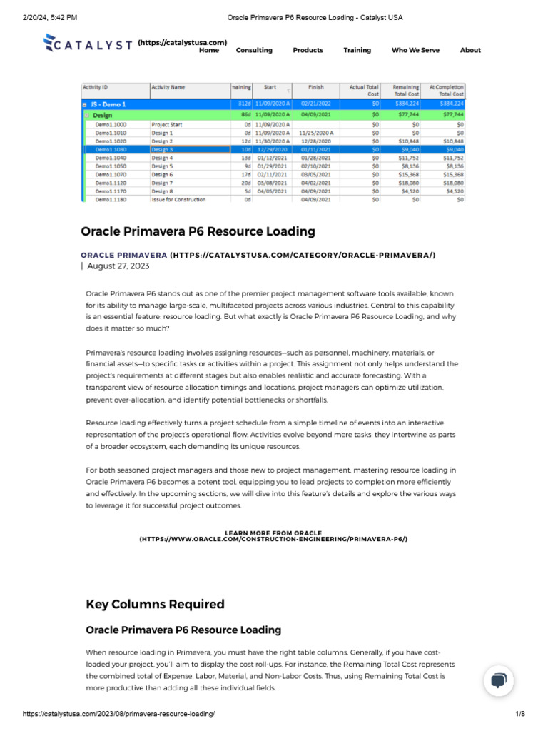 Oracle Primavera P6 Resource Loading - Catalyst USA | PDF | Privacy | Oracle Corporation