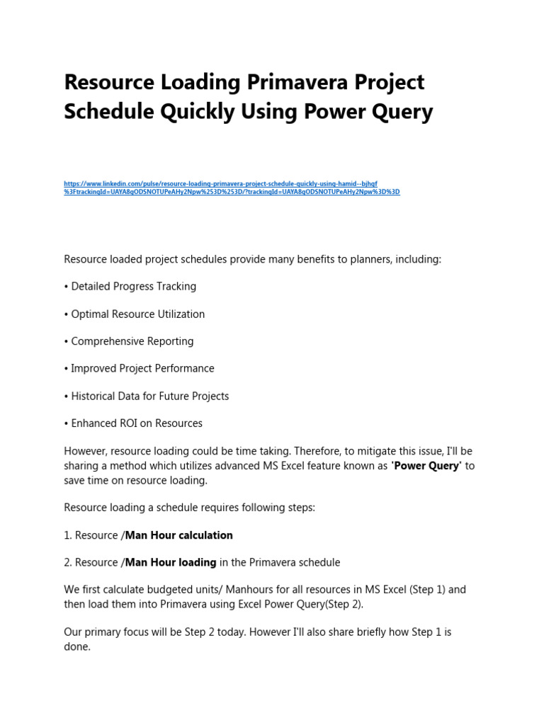 Resource Loading P6 Schedule Quickly Using Power Query | PDF ... Resource Loading P6 Schedule Quickly Using Power Query | PDF ...