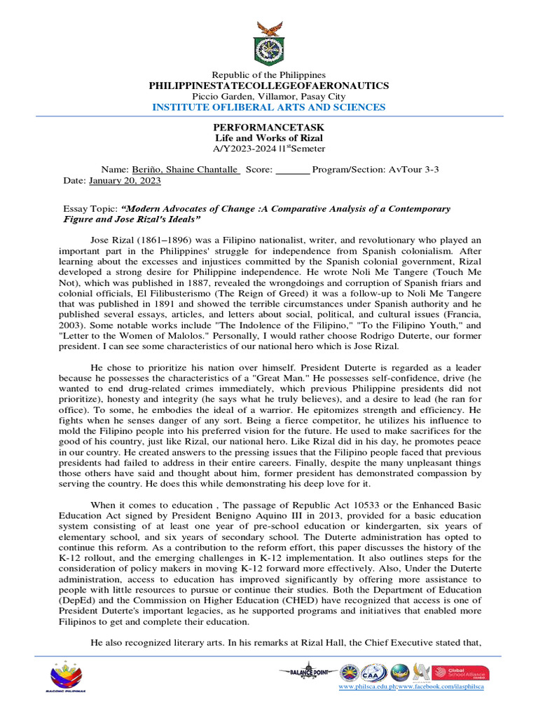 Beriño - Rizal Final Output | Download Free PDF | Philippines | Rodrigo Duterte