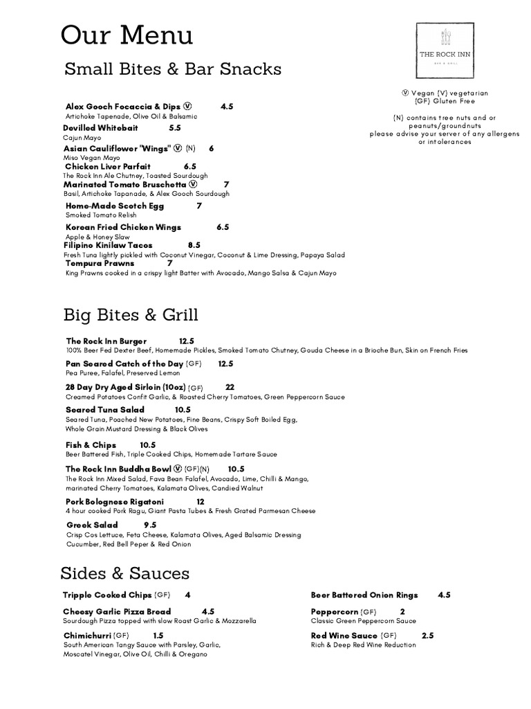 The Rock Inn Menu | PDF | Sauce | French Fries