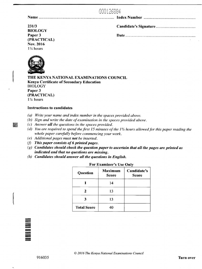 2016 Kcse Biology PP3 | PDF