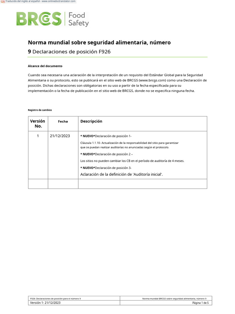 f926 Position Statements For Issue 9 v1 21 12 2023.en - Es | PDF | Seguridad alimenticia | Auditoría