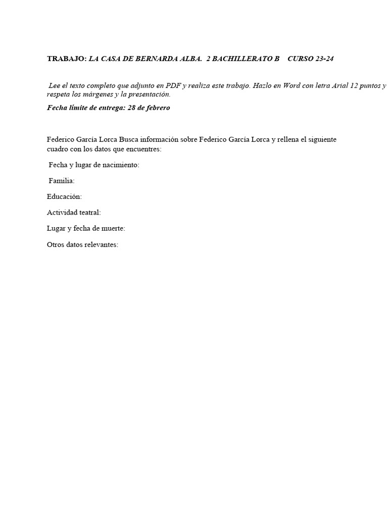 Trabajo La Casa Bernarda Alba 2 Bachillerato | PDF | Federico García Lorca