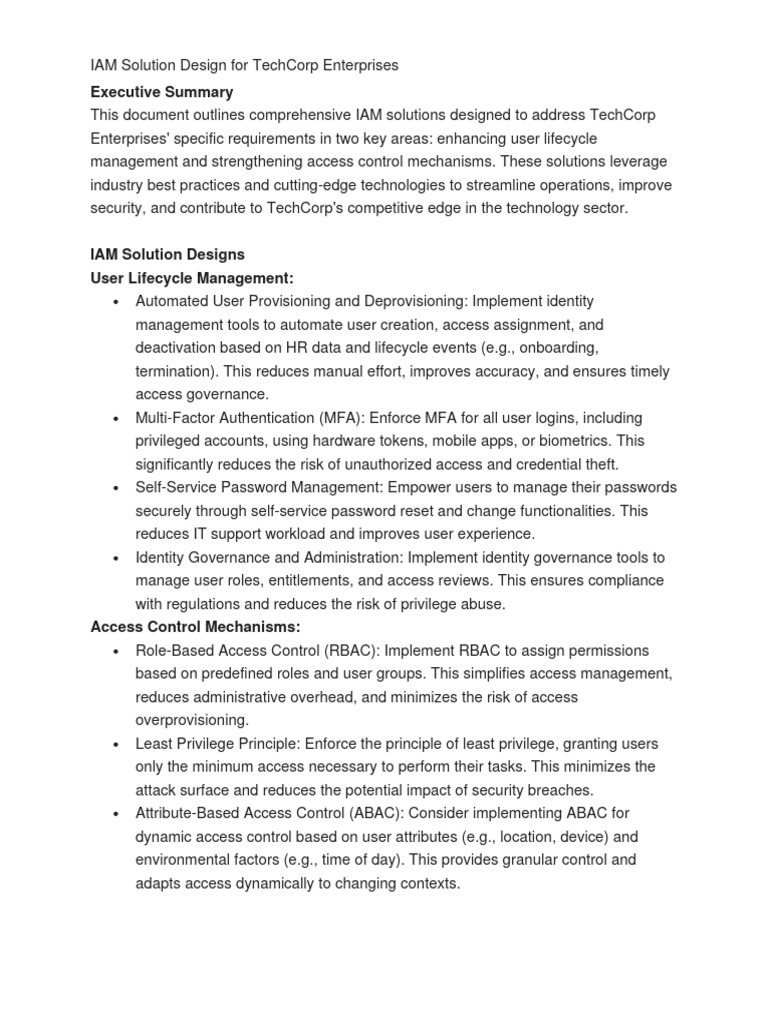 IAM Solution Design For TechCorp Enterprises | PDF | Access Control | Cloud Computing
