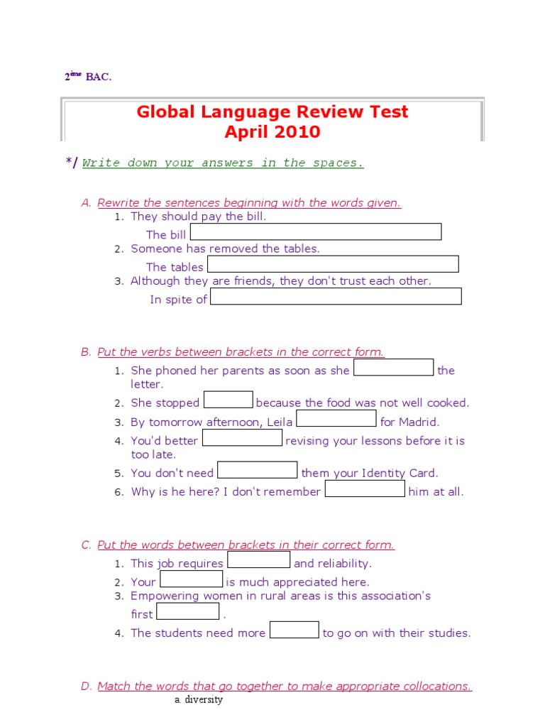 Global Language Review Test April 2010: Write Down Your Answers in The ...
