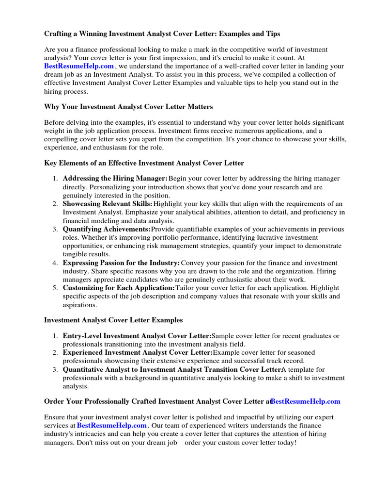 Investment Analyst Cover Letter Examples | PDF | Financial Analyst | Résumé