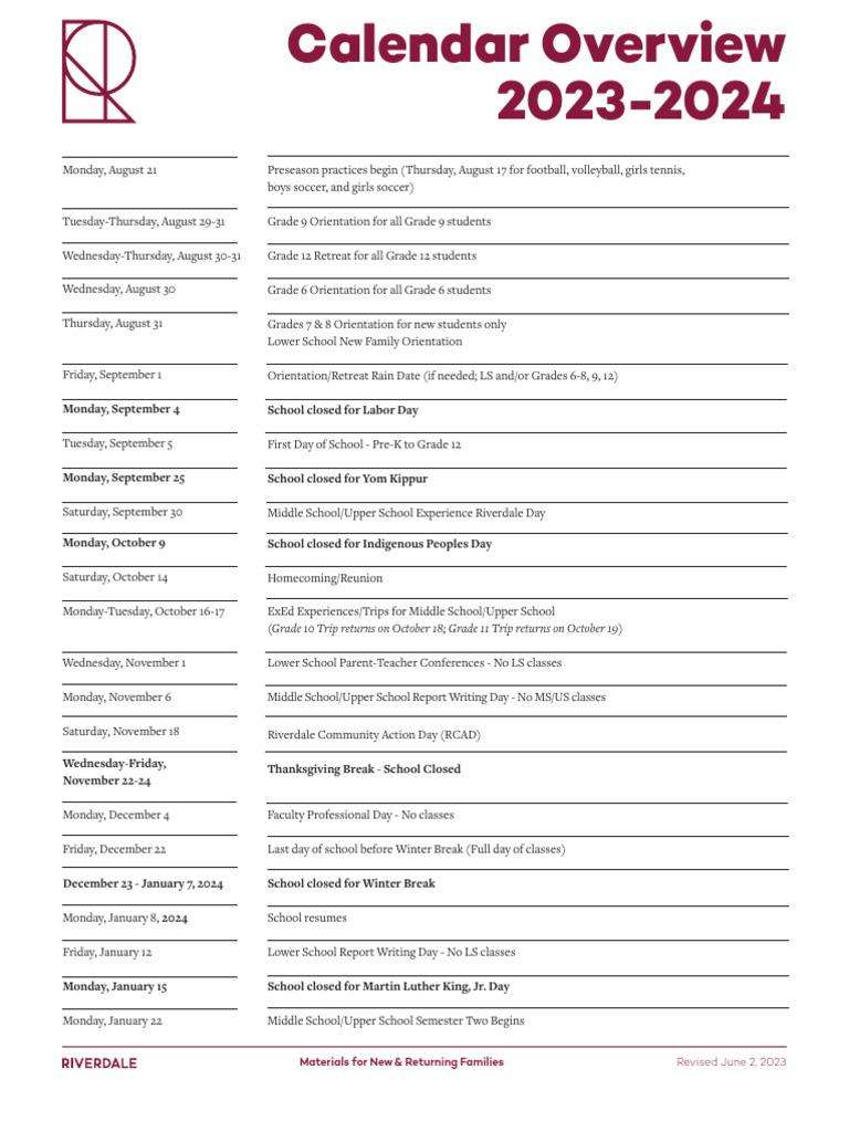 2023 24 Calendar Overview REV 060223 | PDF | Academic Term | Observances