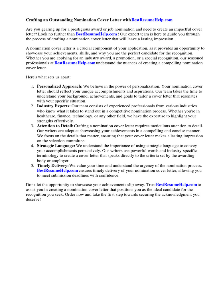 Nomination Cover Letter | PDF | Employment | Expert