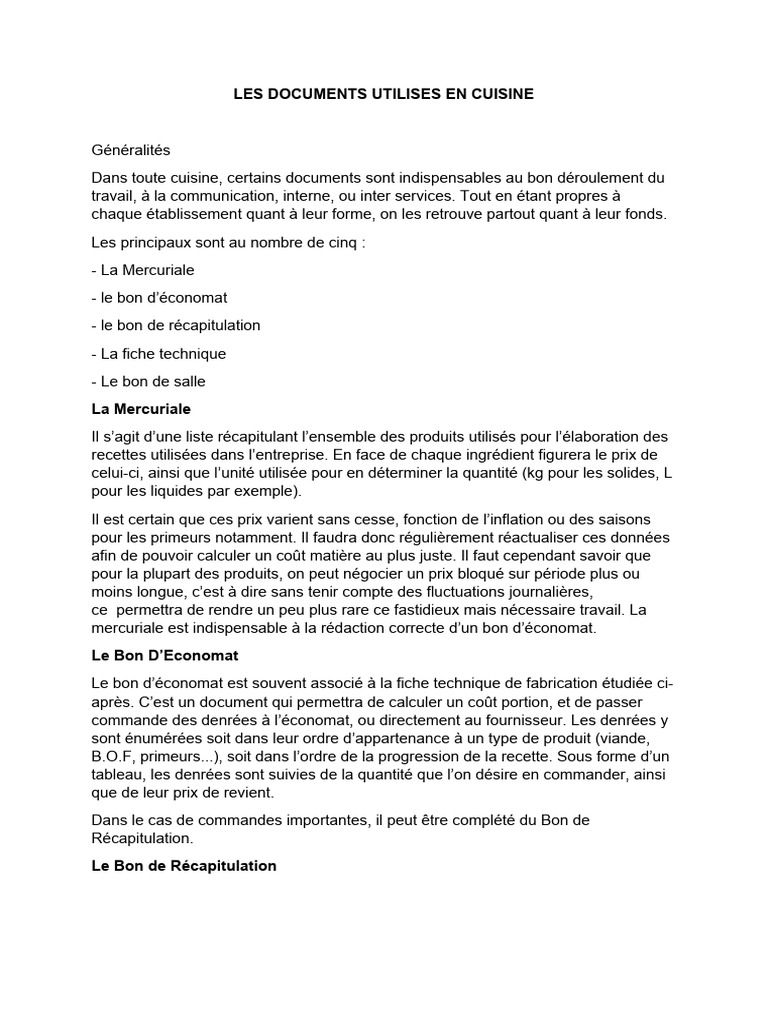 Documents Essentiels en Cuisine | PDF | Cuisine