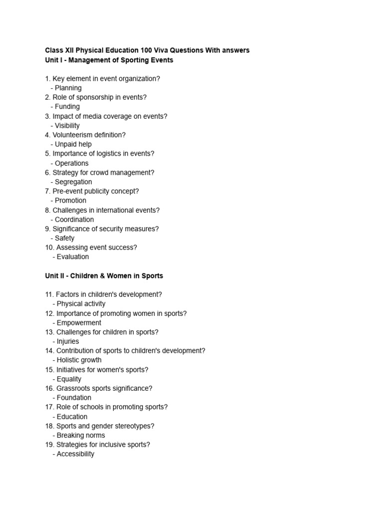 Class XII Physical Education 100 Viva Questions With Answers | PDF ...