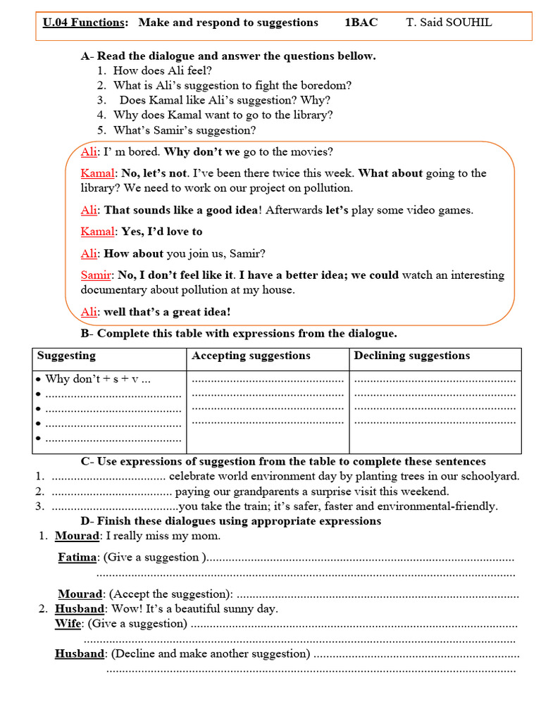 Making and Responding To Suggestions 1bac | PDF