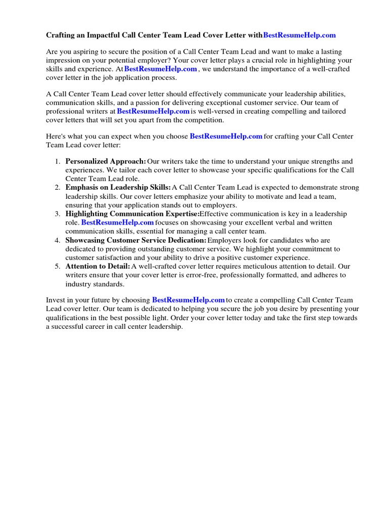 Call Center Team Lead Cover Letter | PDF | Leadership | Recruitment