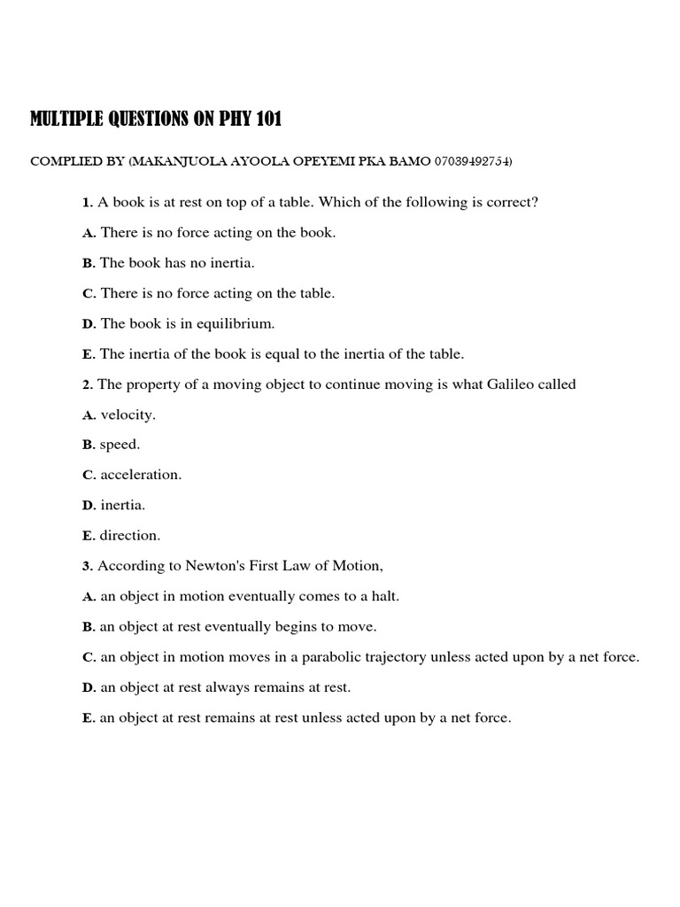 PHY 101 Multiple Choice Questions | PDF | Buoyancy | Light