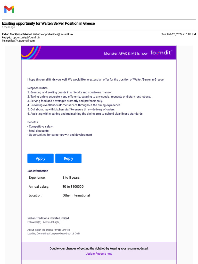 Gmail - Exciting Opportunity For Waiter - Server Position in Greece | PDF | Waiting Staff ...