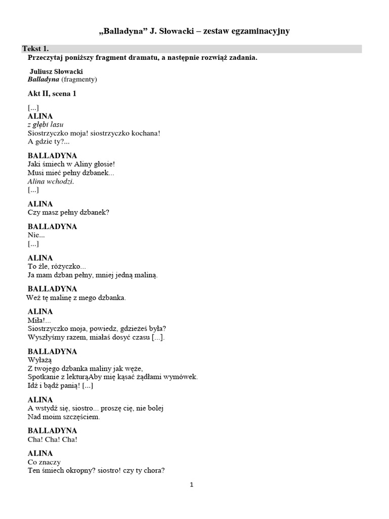 Arkusz Egzamiancyjny Balladyna | PDF