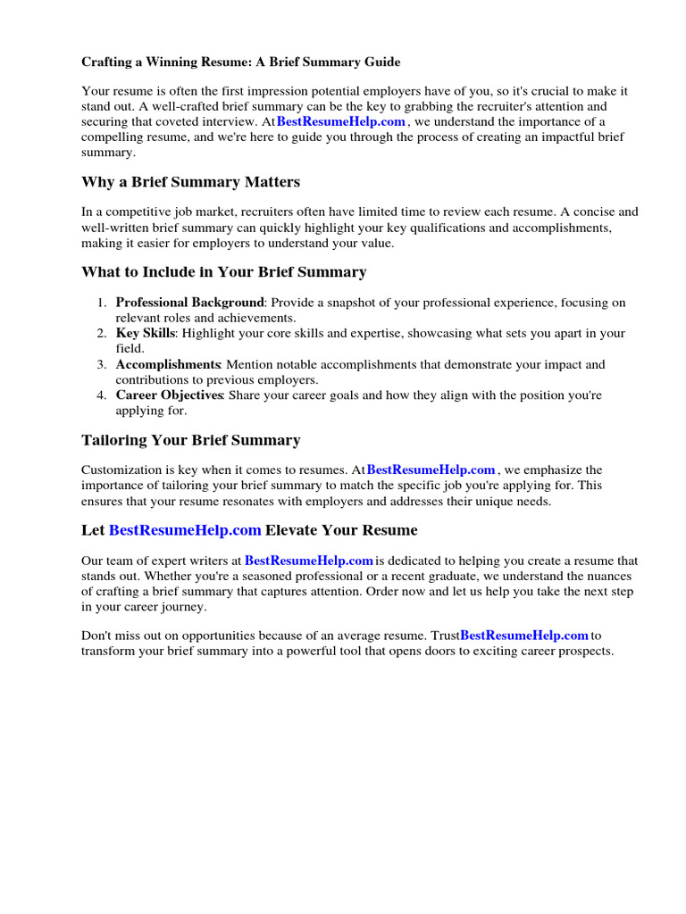 Brief Summary For Resume | PDF | Résumé | Marketing
