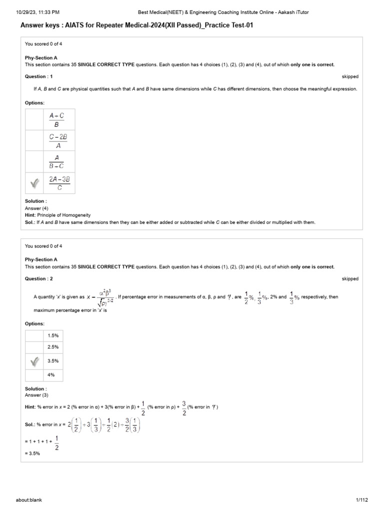 Aakash Practice Test - 01 (RM) Solutions | PDF | Velocity | Acceleration