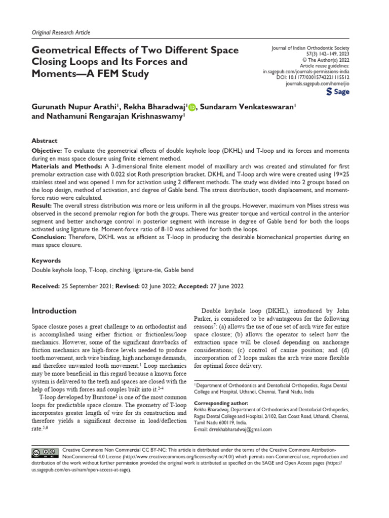 Arathi Et Al 2022 Geometrical Effects of Two Different Space Closing Loops and Its Forces and ...