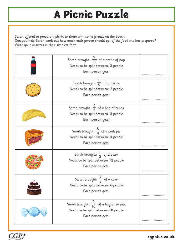Dividing Fractions, A Picnic Puzzle (Year 6) Printer Friendly ...