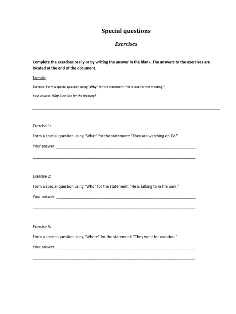 Special Questions Exercises Worksheet | PDF | Question
