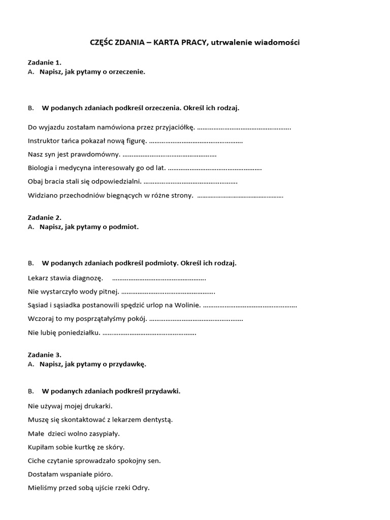 Części Zdania Karta Pracy | PDF