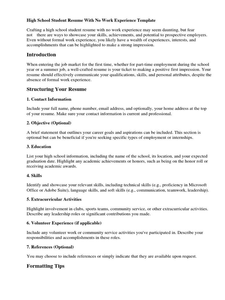 High School Student Resume With No Work Experience Template | PDF ...