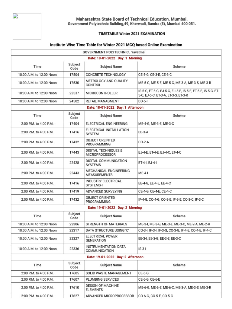 MCQ Based Online Examination MSBTE Time Table For Winter 2021 ...