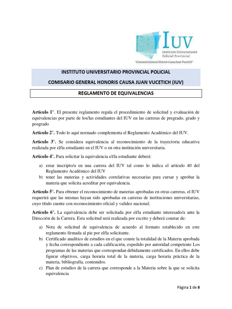 Reglamento de Equivalencias IUV | PDF