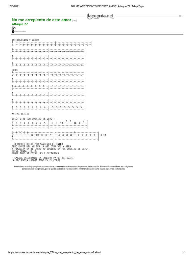 Tab de Bajo: No Me Arrepiento de Este Amor | PDF
