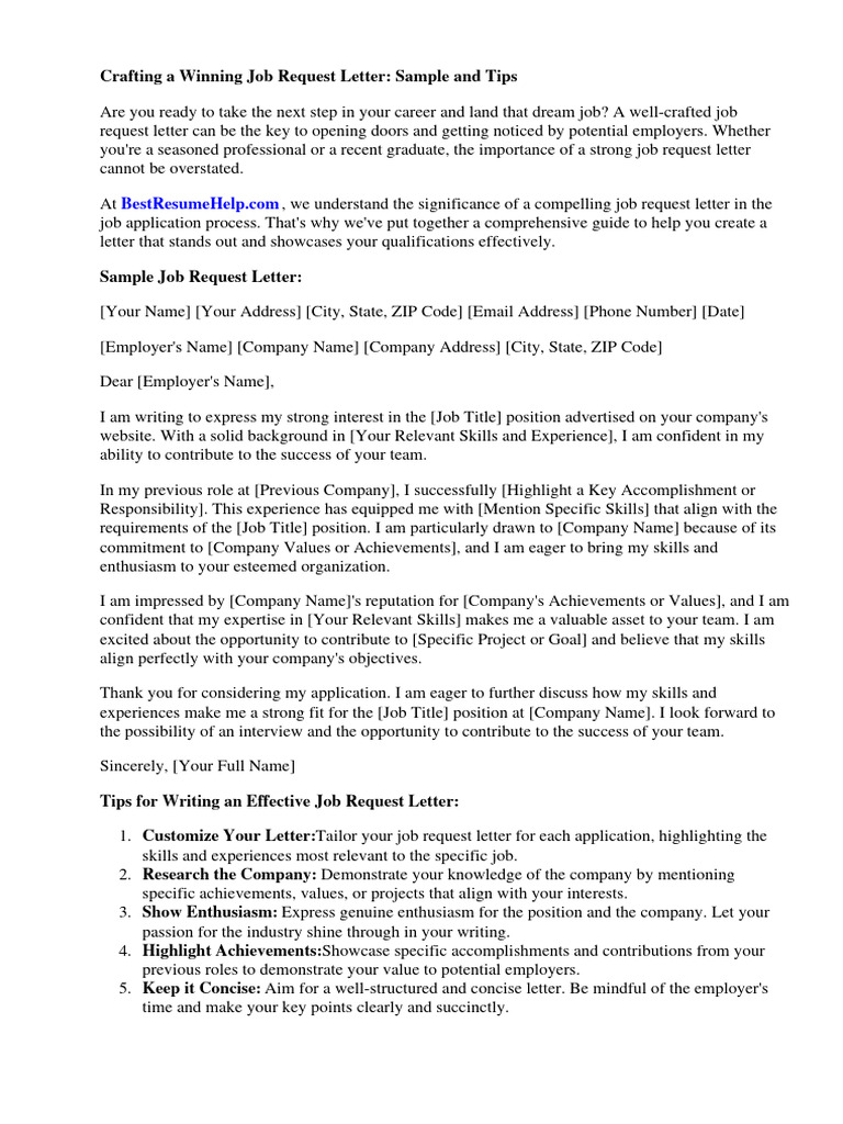 Request Letter Format For Job