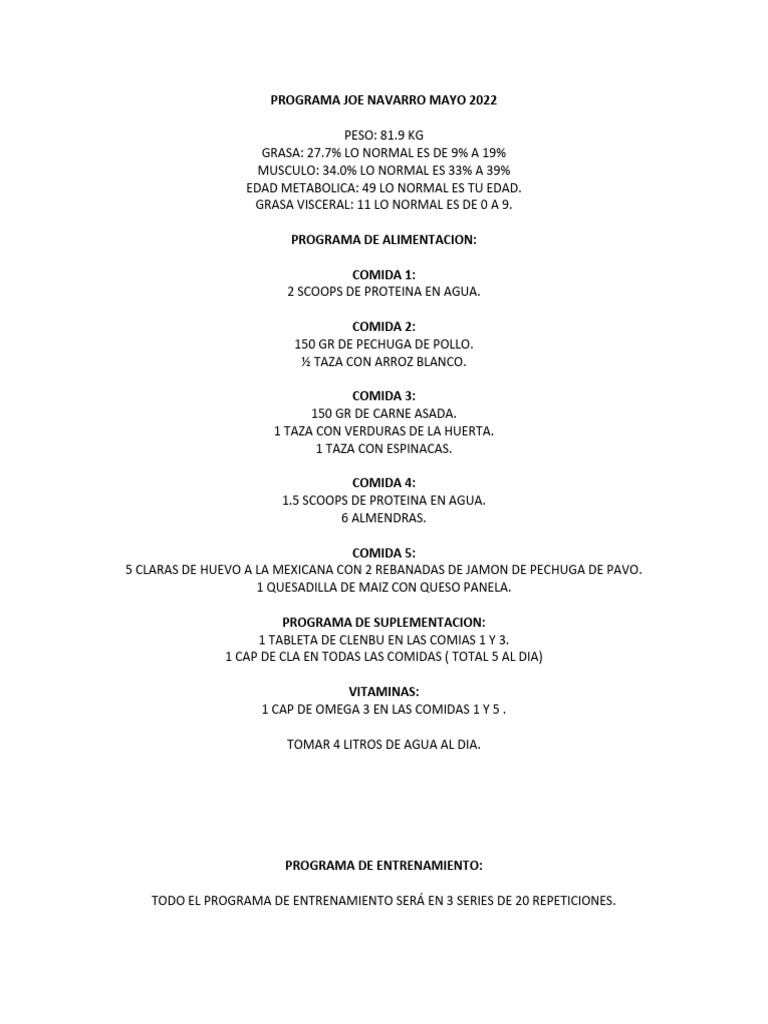 Programa de Entrenamiento y Alimentación Joe Navarro | PDF | Carne ...