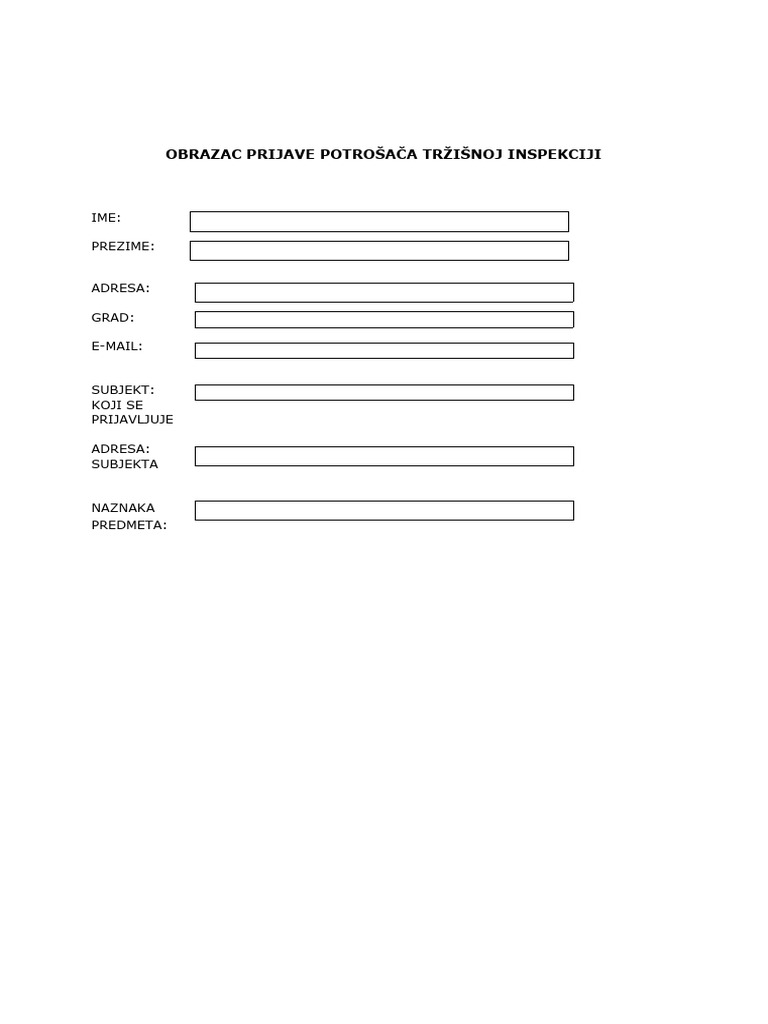 Obrazac Prijave Potrošača Tržišnoj Inspekciji | PDF