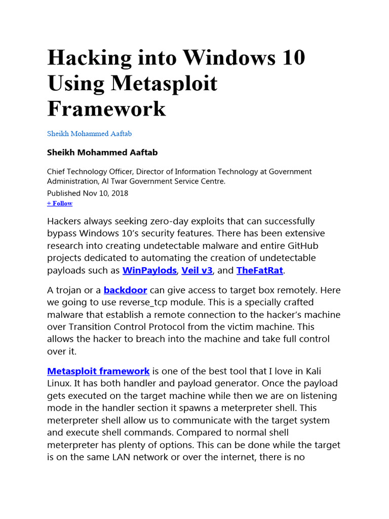 Hacking Into Windows 10 Using Metasploit Framework | PDF | Malware ... Hacking Into Windows 10 Using Metasploit Framework | PDF | Malware ...