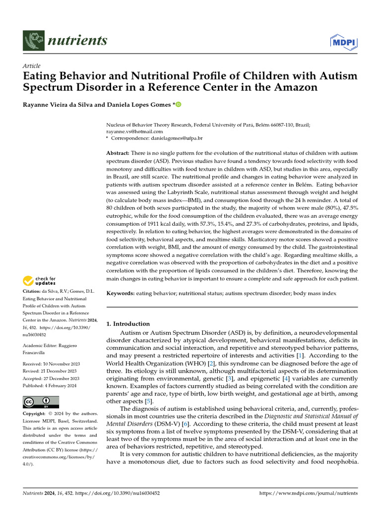Nutrients 16 00452 | PDF | Autism Spectrum | Body Mass Index