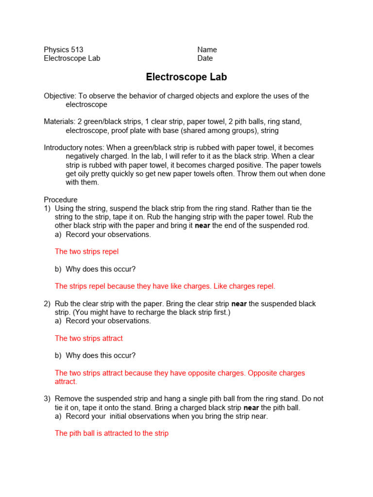 513 Electroscope Lab - KEY | PDF | Electrostatics | Electricity