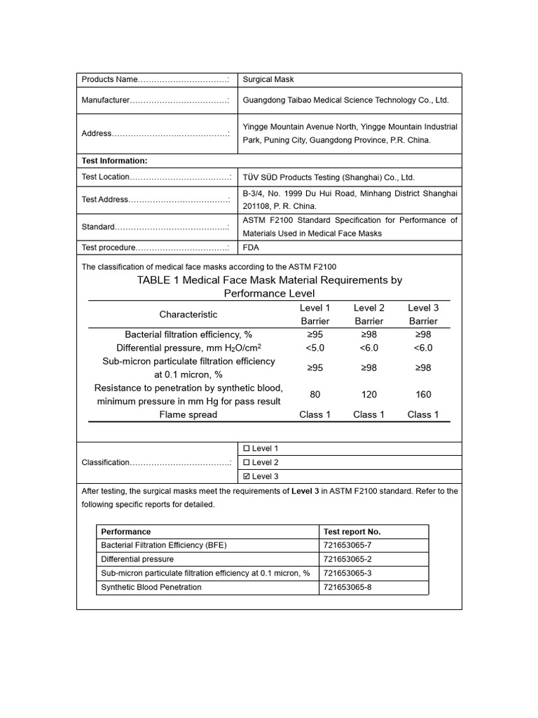 ASTM F2100 Level 3 Surgical Mask Report | PDF | Safety | Personal ...