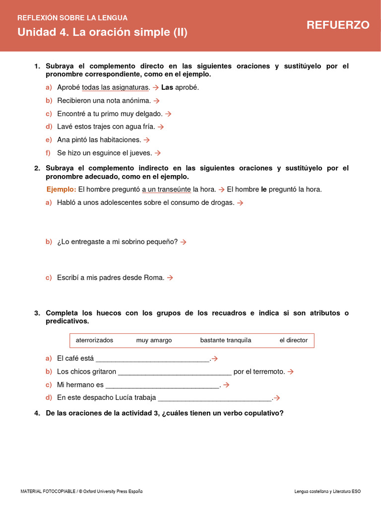 U4 Ref Sol Reflexion Lengua Oracion Simple (Ii) | PDF | Verbo ...
