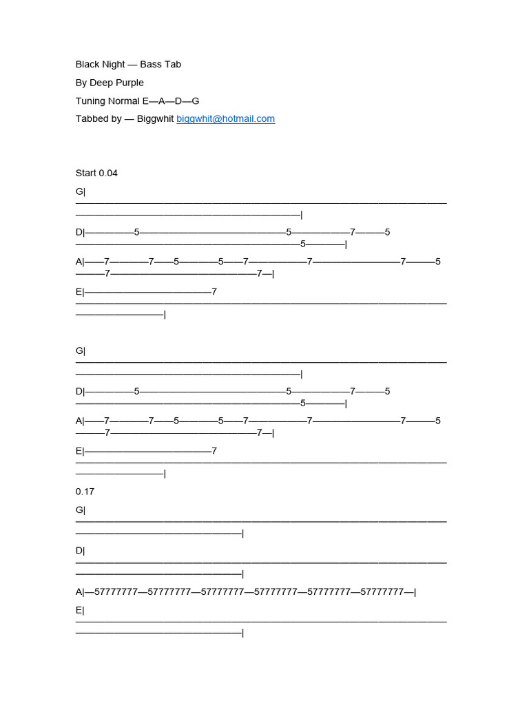 Black Night Bass Tab by Deep Purple | PDF