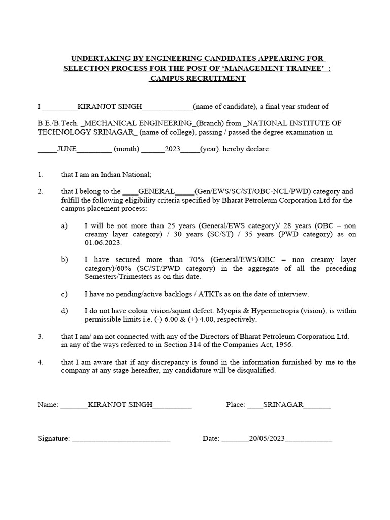 BPCL Management Trainee Recruitment Undertaking | PDF