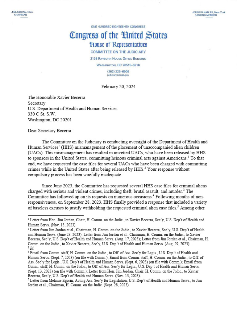 Jordan Letter To HHS On Subpoena | PDF | Congressional Oversight ...