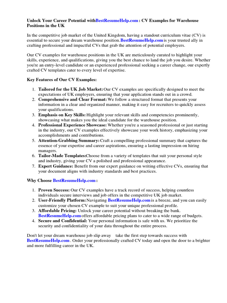 CV Examples Uk Warehouse Operative | PDF | Warehouse | Experience